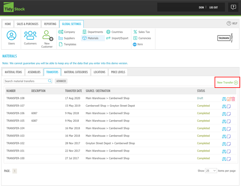 Transfer materials between locations
